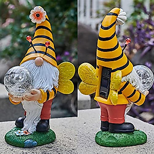ORIGARDEN Garden Gnome Spring Yellow Decor - Bee Decor Ornament Summer Gnomes Outdoor Funny Solar Statue Waterproof Honey Bumble Bee Gnome as Patio Decorations