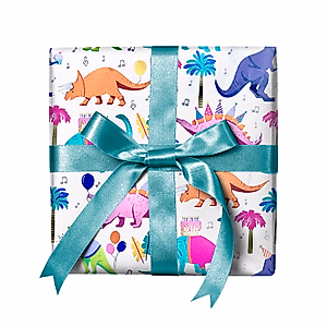 REVEL & Co Party Dinosaurs Children's Premium Folded Wrapping Paper, 2 feet x 10 feet Jurassic dinosaur birthday folded gift wrap