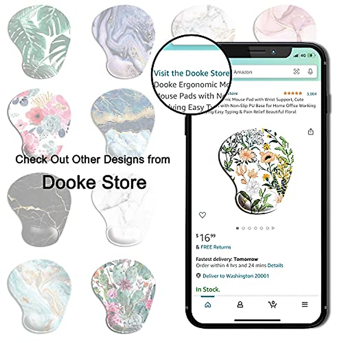 Dooke Ergonomic Mouse Pad with Wrist Support, Cute Mouse Pads with Non-Slip PU Base for Home Office Working Studying Easy Typing & Pain Relief Beautiful Floral