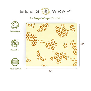 Bee's Wrap Reusable Beeswax Food Wraps Made in the USA, Eco Friendly Beeswax Wraps for Food, Sustainable Food Storage Containers, Organic Cotton Food Wraps, 3 Pack of Large Wraps, Honeycomb Pattern