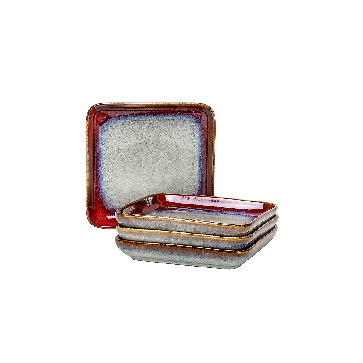Ceramic Square Plate Sets - Dessert, Appetizer, Snack, Small Dinner Plate Scratch Resistant, Porcelain Serving Side Dish 6.3 Inch Microwave & Oven, Dishwasher Safe - Set of 4, Reactive Red