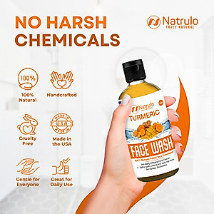 Natrulo Turmeric Face Wash, 4oz Clear Skin Liquid Soap – 100% Natural Anti Aging Exfoliating Turmeric Facial Cleanser for Fading Spots, Clearing Acne Scars, Age Spots, Sun Damage, Discoloration