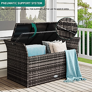YITAHOME 90 Gallon Outdoor Wicker Storage Bench w/Cushion, Large PE Rattan Deck Storage Box w/Handles & Hydraulics for Patio Furniture, Cushions, Garden Tools, Pool & Sports Equipment, Light Gray