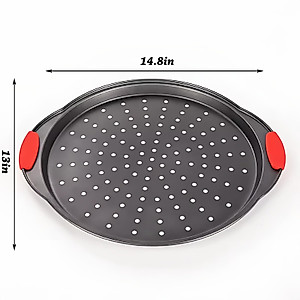 ZOEHROWS Pizza Pan for Oven (2 Pack) Round Pizza Pan with Holes - Non-Stick Carbon Steel Pizza Tray with Silicone Handles - for Cooking, Baking, and Grilling - Dishwasher Safe