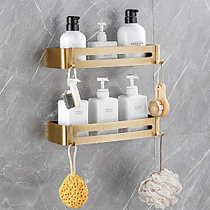 Bathroom Organizer Shelf Shower Caddy Shampoo Holder with Removable Hooks Rustproof Antique Brass Color