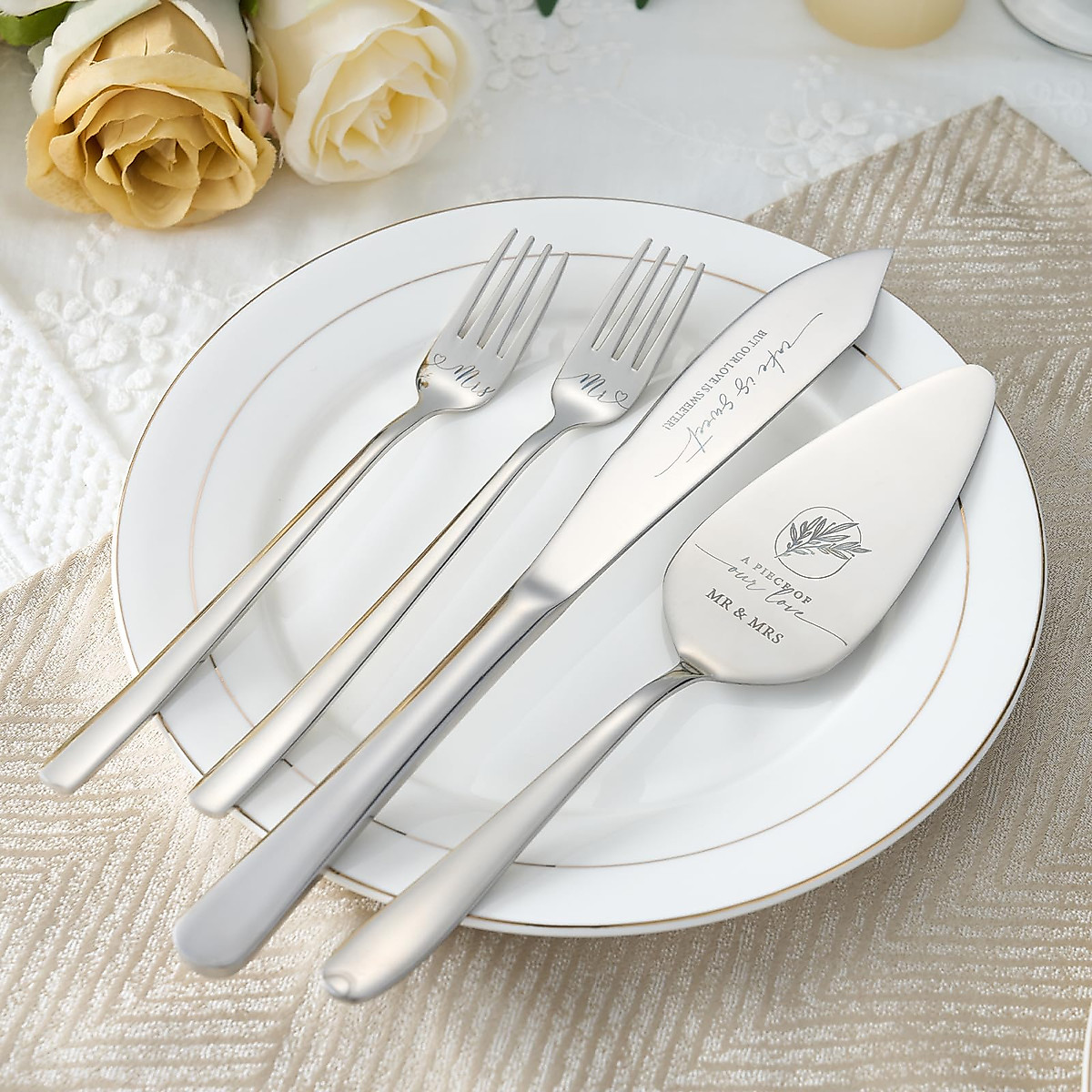 AW BRIDAL 4Pcs Wedding Cake Knife and Server set with Forks, Stainless Steel Engraved Cake Cutting and Pie Server Gifts for Bridal Shower Engagement, Silver