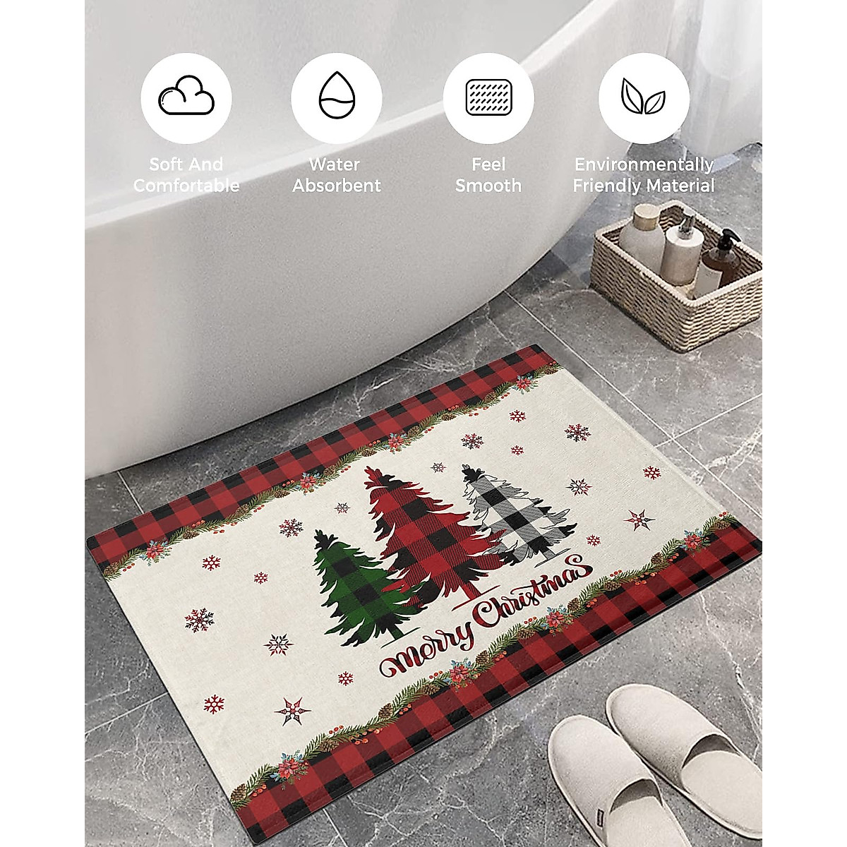 Indoor Doormat Xmas Tree Winter Snow,Shaggy Floor Mat with Non-Skid Backing Pine Cones Red Black Buffalo Check,Machine Washable Plush Area Rug Carpets for Kitchen Nursery Bedroom 16x24in
