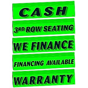 Versa Tags Windshield Slogan Stickers 12 Pack Each of Cash, 3RD Row Seating, WE Finance, FINANCING Available, Warranty (60) Window Stickers Total Dealership Stickers Black On Green