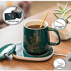Coffee Mug Warmer with (Ceramic) Cup (USB Cable) & Cup Warmer Set for Desk with Gravity Sensing Auto Shut Off Heating Plate for Home Office Milk Tea Gift(Include Cup) HAYY (Green)