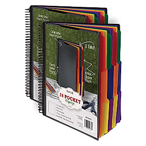 Samsill 2 Pack Deluxe 24 Pocket Spiral Project Organizer with Inner Zipper Pouch, Customizable Front Cover, 12 Dividers with Erasable Write-On Tabs in Assorted Colors, Plastic Folders with Pockets