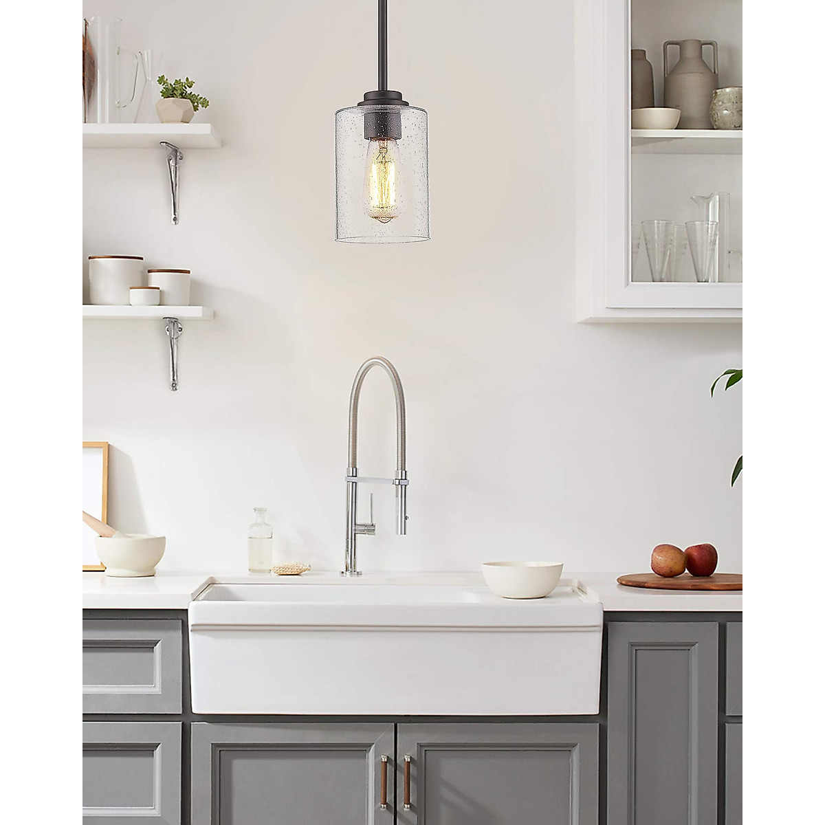 Beionxii Glass Pendant Light | Farmhouse Mini Pendant Lighting for Kitchen Island Dining Room Over The Sink, Oil Rubbed Bronze with Bubble Glass - DMD9002-1H/2PK