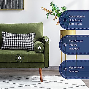 Vonanda Velvet Sofa Couch, Mid Century Modern Craftsmanship 73 inch 3-Seater Sofa with Comfy Tufted Back Cushions and 2 Bolster Pillows for Compact Living Room, Elegant Mustard Green
