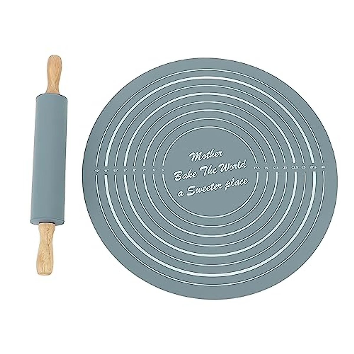 Non Stick Rolling Pin and Silicone Baking Mat, Round Non Stick Pastry Mat, Non stick Silicone Dough Rollers Set with Measurements Kneading Pastry Mat,Rolling Pin Pastry Baking Mat,Baking Tool(Grey)