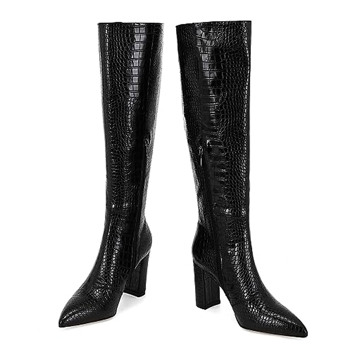 QXYRAUF Knee High Boots Women's Faux Crocodile long boots high heel boots GoGo Tall Boots Block Heel Pointed Toe Boots
