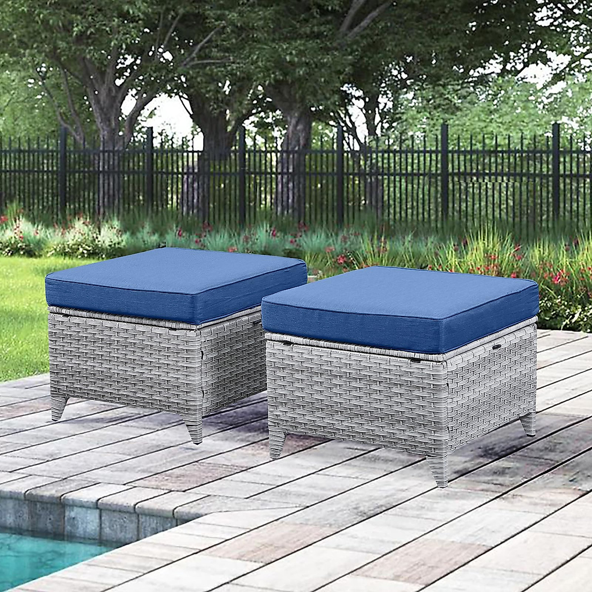 Belord Outdoor Furniture Ottoman Set of 2 Patio Seating Footstool All-weather Rattan Wicker Ottoman Seat with Soft Cushions for Patio Furniture Set