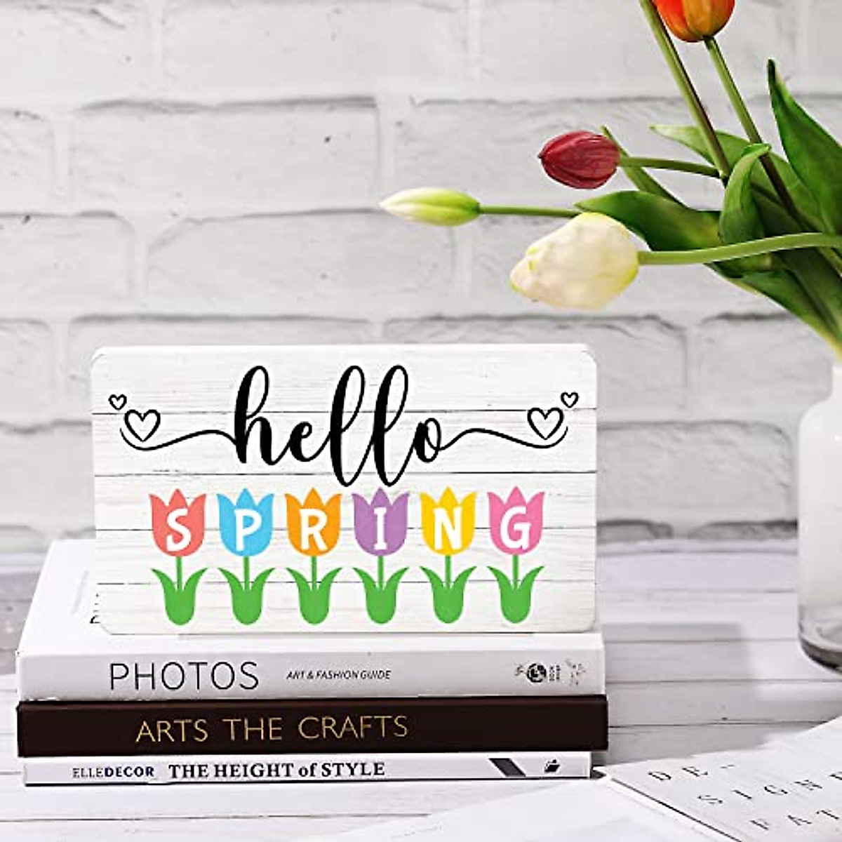 Hello Spring Wood Sign Farmhouse Tulips Spring Decor 9 x 5.3 Inch Spring Table Centerpiece Freestanding Wall Table Decor Wooden Cutout Tulips Spring Decoration for Home Dining Room (Spring)