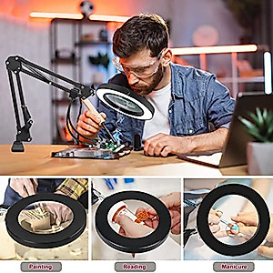 Magnifying Glass with Light and Clamp, 5X & 10X Magnifying Lens Desk Lamp with Gooseneck Arms, 3 Color Modes, 108 pcs LED Beads, LED Lighted Magnifier with Light for Hobby Crafts Repair Close Works