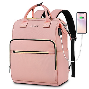 Ytonet Pink Laptop Backpack for Women, 15.6 Inch Anti theft Backpack with USB Charging Port, Water Resistant Travel Carry On Backpack with Laptop Compartment for Work/Nurse/Teacher, Pink