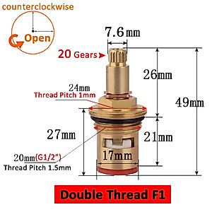 Faucet Ceramic Cartridge Valve, G1/2" Brass Tap Ceramic Disc Cartridges Replacement for Hot Cold Water (Type F1- H49mm)