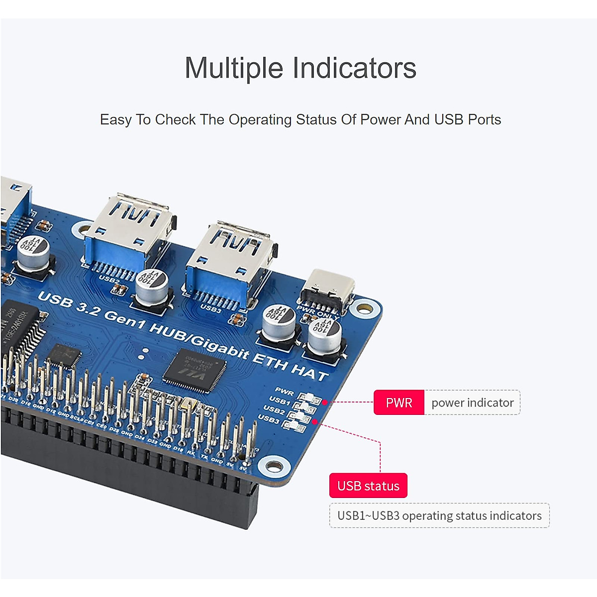 waveshare 3 Ports USB 3.2 Gen1 Hub HAT for Raspberry Pi, with 1000M/100M/10M Gigabit Ethernet Port, USB 3.2 Gen1 Ports Compatible with USB 3.0/2.0/1.1, Driver-Free, Plug & Play