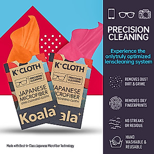 Koala Lens Cleaning Cloth | Japanese Microfiber | Glasses Cleaning Cloths | Eyeglass Lens Cleaner | Eyeglasses, Camera Lens, VR/AR Headset, and Screen Cleaning | Pink & Orange (Pack of 2)