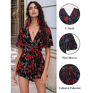 AIMCOO Women's Floral Print Deep V-Neck Romper Double Layer Ruffle Hem Jumpsuits Short Flare Sleeves Waist Tie Short Rompers