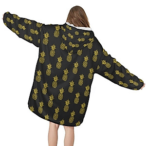 VunKo Summer Gold Pineapple Black Wearable Blanket Hoodie Oversized Sherpa Hooded Sweatshirt Blanket for Women Men