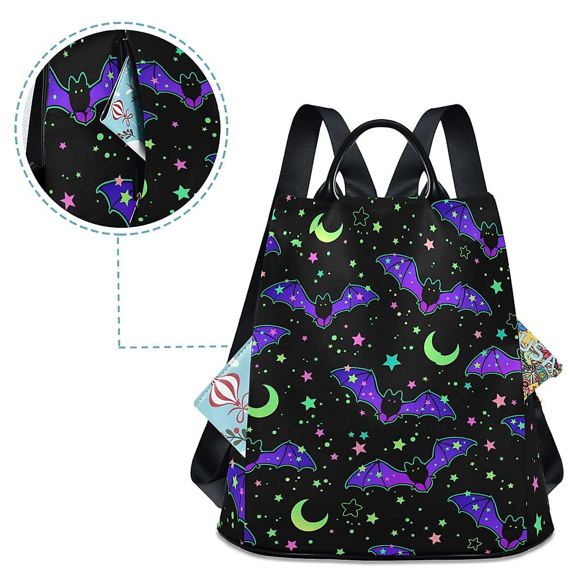 Glaphy Halloween Bats Moon Stars Backpack for Women, Anti Theft Backpack Shoulder Bag, Casual Lightweight Backpack Purse for Women