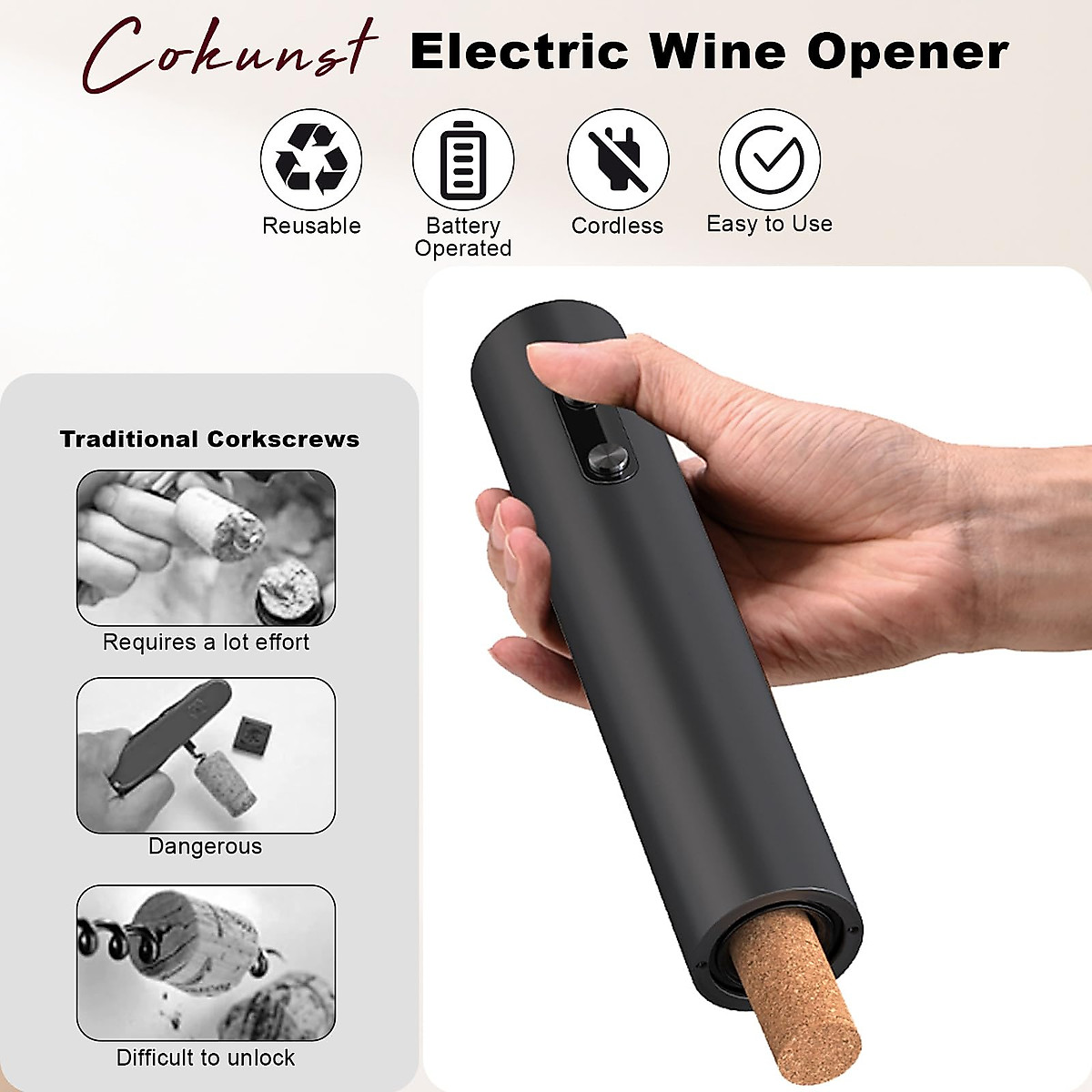 COKUNST Electric Wine Opener, Automatic Corkscrews Wine Bottles Openers, Battery Operated Reusable Wine Remover for Wine Lover Gift Home Kitchen Party