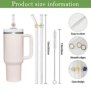 DUMING-IN 6 Pack Replacement Glass Straws for Stanley 40 oz 30 oz Tumbler, Cute Flower Glass Straws with Charms, Stanley Straw with Cleaning Brush Stanley Cup Accessories