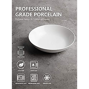 Sweese Porcelain Pasta Bowls, 45 Ounce Large Salad Serving Bowls, Wide and Shallow Bowls Set of 4, Microwave and Dishwasher Safe, White, No. 113.101