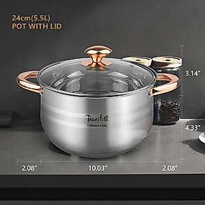 BAERFO 5 Quart Stock Pot, 18/8 Stainless Steel Stock Pot with Lid, 5 QT Healthy stainless steel pot, Induction, Oven,Gas and Dishwasher Safe soup Pot