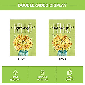 AVOIN colorlife Hello Spring Daffodil Garden Flag 12x18 Inch Double Sided Outside, Floral Mason Jar Seasonal Yard Outdoor Flag