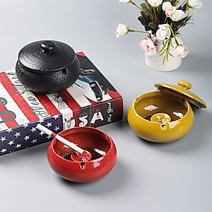 SRECATY Transmutation Glaze Ceramic Ashtray with Lid for Cigarette Outdoor Windproof Ash tray Sets for Smokeless Home Ashtrays Outside for Patio Garden Balcony - Yellow