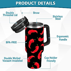 Yasala Car Tumbler with Handle Cute Chilli Red Black Funny Travel Mug Coffee Cup Insulated Beverage Container Mega Cup for Hot Cold Drinking Thermos Water Bottle Cupholder Friendly 40 oz