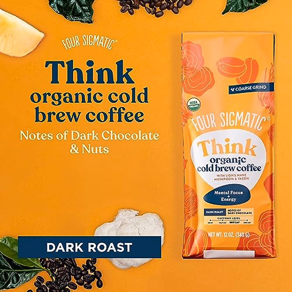 FOUR SIGMATIC Organic Cold Brew Coffee Grounds | Dark Roast, Fair Trade Coarse Grounds with Lion's Mane and Chaga | Cold Brew Mushroom Coffee for Crash-Free Focus | 12 oz Bag
