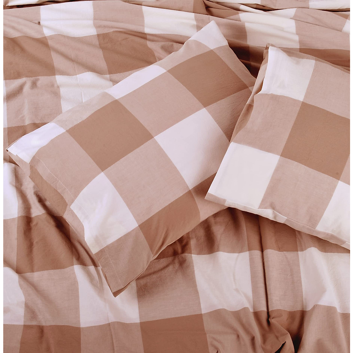 Home Soft Things 100% Washed Cotton Duvet Cover 3 Piece Set, King 102" x 90", Coffee Gingham Check Plaid Bedding Set with Zipper Closure, Ultra Soft and Easy Care, 1 Duvet Cover 2 Pillow Shams