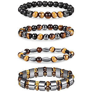 Jstyle 4Pcs Bead Bracelet for Men Women 8mm Tiger Eye Stone Beads Bracelet Elastic Natural Stone Bracelet Bangle