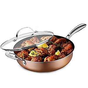 Gotham Steel Sauté Pan with Lid – 5.5 Quart Multipurpose Nonstick Jumbo Cooker with Glass Lid, Stainless Steel Handle & Helper Handle, Oven & Dishwasher Safe, 100% PFOA FREE
