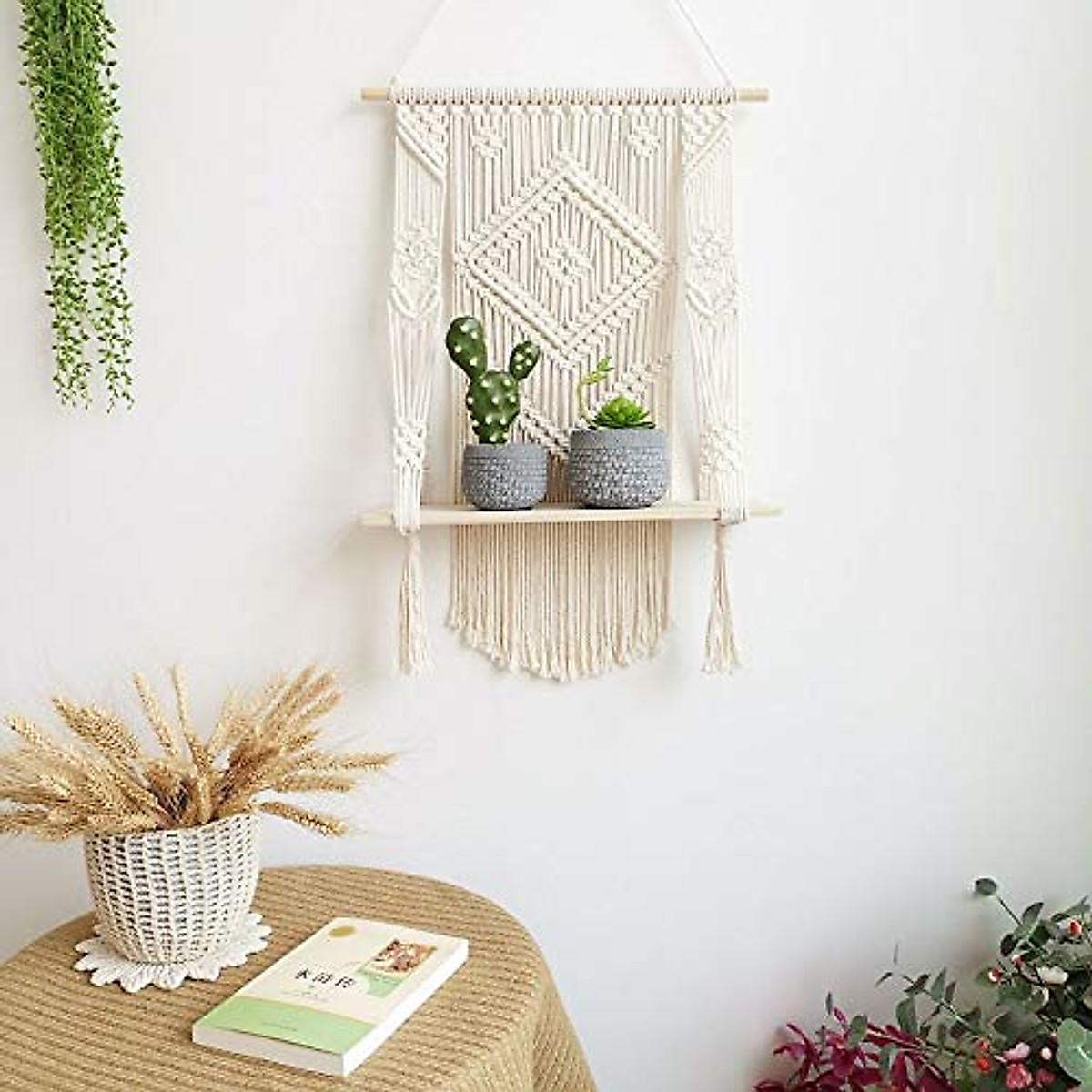 BLUETTEK Hanging Macrame Shelf Boho Wall Hangings Floating Shelf Organizer Hanger for Home Decor (29.53" L x 19.68" W)