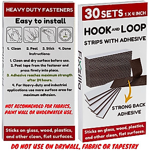 FixZilla 30 Sets Hook and Loop Strips with Adhesive - 1x4 Inch - Strong Back Adhesive Fasteners Tape, Black
