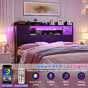 Unikito Headboard for Full Size Bed, Bookcase Style Head Board with Power Outlet and RGB LED Light, Reversible Headboard with Storage, Height Adjustable, Sturdy and Stable, Full Size, Black