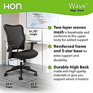 HON Wave Office Chair High Back Mesh Ergonomic Computer Desk Chair - Adjustable Arms & Pneumatic Seat Height, Synchro-Tilt Tension Lock Recline, Comfortable Cushion, 360 Swivel Rolling Wheels - Black