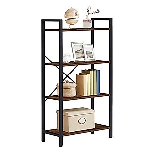 kinbor Bookshelves, Home Bookcase, 4-Tier Rustic Bookshelf, Wood Accent Modern Display Shelves Plant Stand Storage Organizer for Books, Potted Plant, Rustic Brown