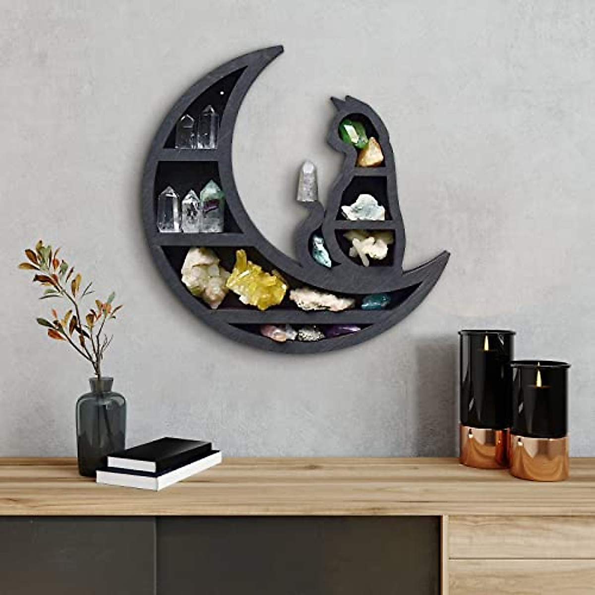 Avehrit Moon Shelf Wall Decor,Wooden Moon Shelf, Moon Shelf for Crystals, Wooden Moon Shelf,Moon Shelf for Crystals Wood Crystal Shelf Black Cat Design Display Shelf Wood Moon Decor Wall Decorations