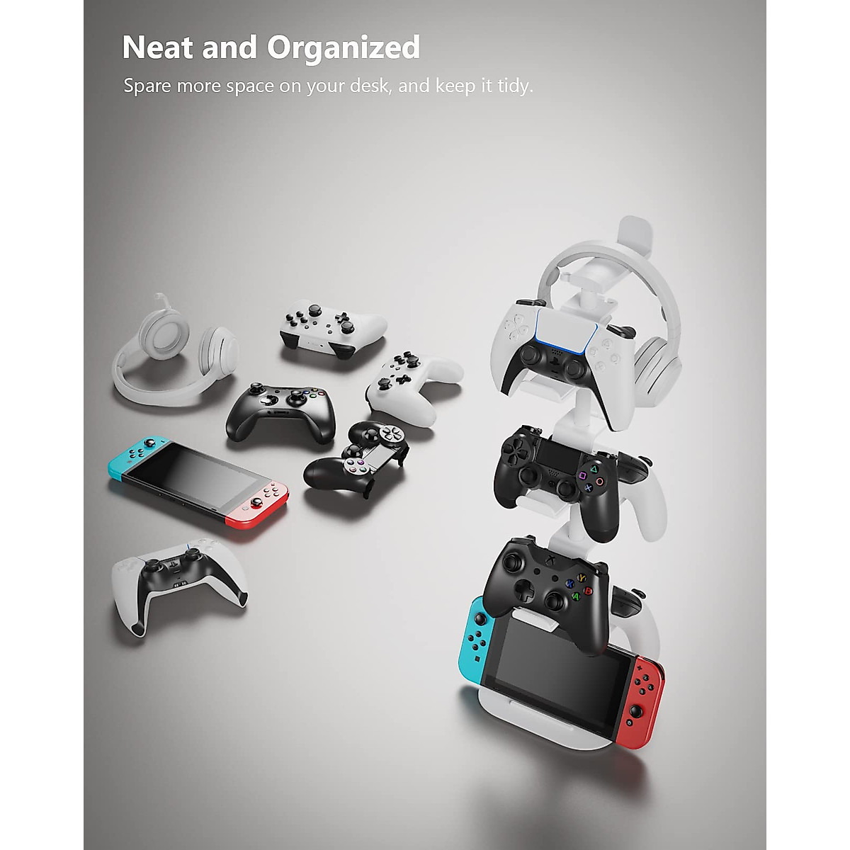 MiiKARE Controller Holder 6 Tiers with Headphone Holder, Adjustable Gaming Controller Headset Stand, Game Controller Stand for All Xbox PS4 PS5 Switch Pro Crontroller Gaming Accessories - White