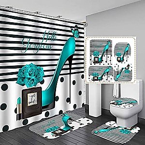 SKAILIÉ 4PCS Teal High Heels Shower Curtain Set, Hello Gorgeous Turquoise Rose Butterfly Lipstick Perfume Makeup Black and White Striped Polka Dot Modern Fashion Girl Bathroom Decor, Non-slip Bath Mat