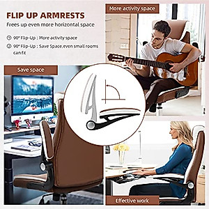YAMASORO Executive Office Chair Ergonomic Chair with Lumbar Support, PU Leather Home Office Desk Chairs with Flip up Arms and Wheels, Camel