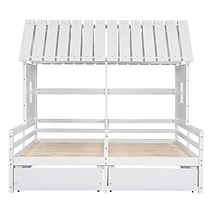 BOVZA Double Beds for 2 Kids, Twin Size House Platform Beds with Two Storage Drawers, Roof and Windows, Boy and Girl Shared Beds, Combination of 2 Side by Side Twin Size Beds, White