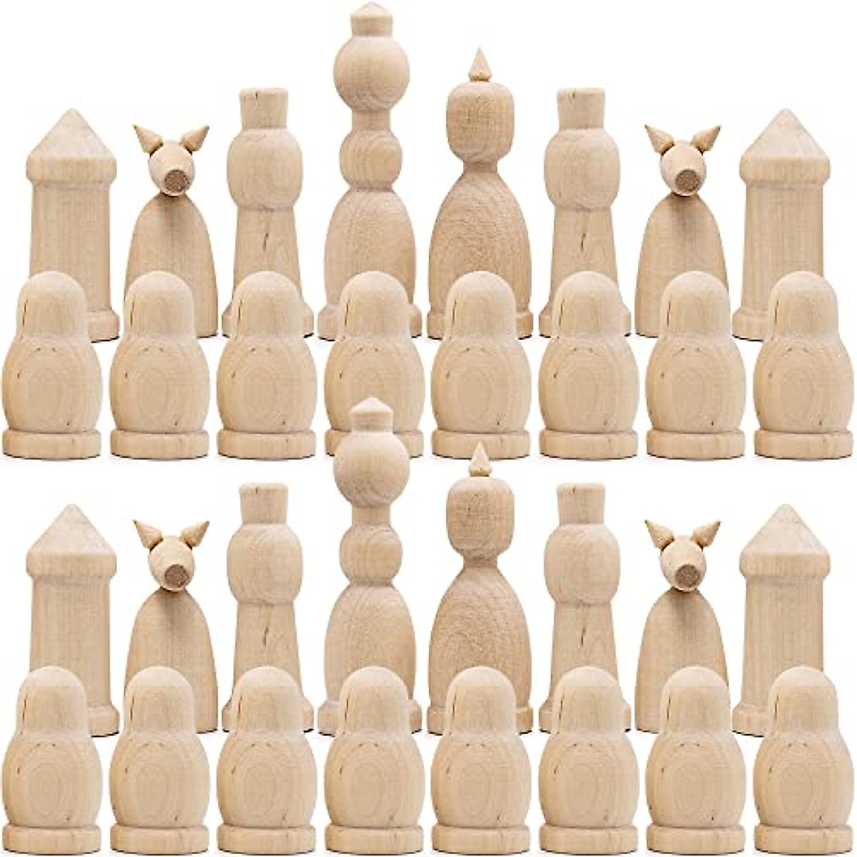 Unfinished Wood Chess Pieces Only Set of 32 pcs - Paint Your Own Chess Set - Blank Chess Sets for DIY- Wooden Peg Dolls Unfinished for Arts and Crafts